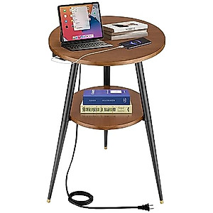 kinnary end Table with Charging Station, 2 Tier Walnut Wood Small Round Side with Storage for Small Spaces, Round nightstand Small Accent Table for Living Room Sofa Tall Side Tables Bedroom