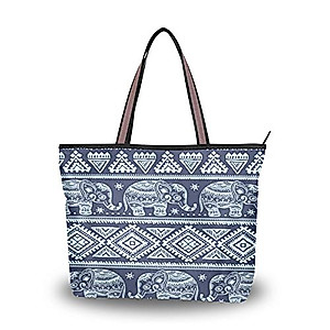 QMXO Ethnic Indian Lotus Elephant Print Handbags and Purse for Women Tote Bag Large Capacity Top Handle Shopper Shoulder Bag