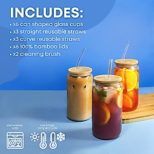 6 Pcs Glass Cups With Lids And Straws, 16oz Glassware Sets, Trending Ice Coffee Cup, Cute Mugs, Sublimation Cups, Coffee Bar Accessories, Tiktok Trend Items, House Warming Gifts New Home, Can Glasses