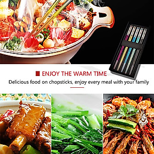 Hvanam 5 PaIrs Color 316 Stainless Steel 18/10 Reusable Chopsticks Set With Case Rainbow Multicolor Non-Slip Chopsticks Black Purple Gold Colored Blue For Dining Sushi Noodle Hot Pot,Dishwasher Safe