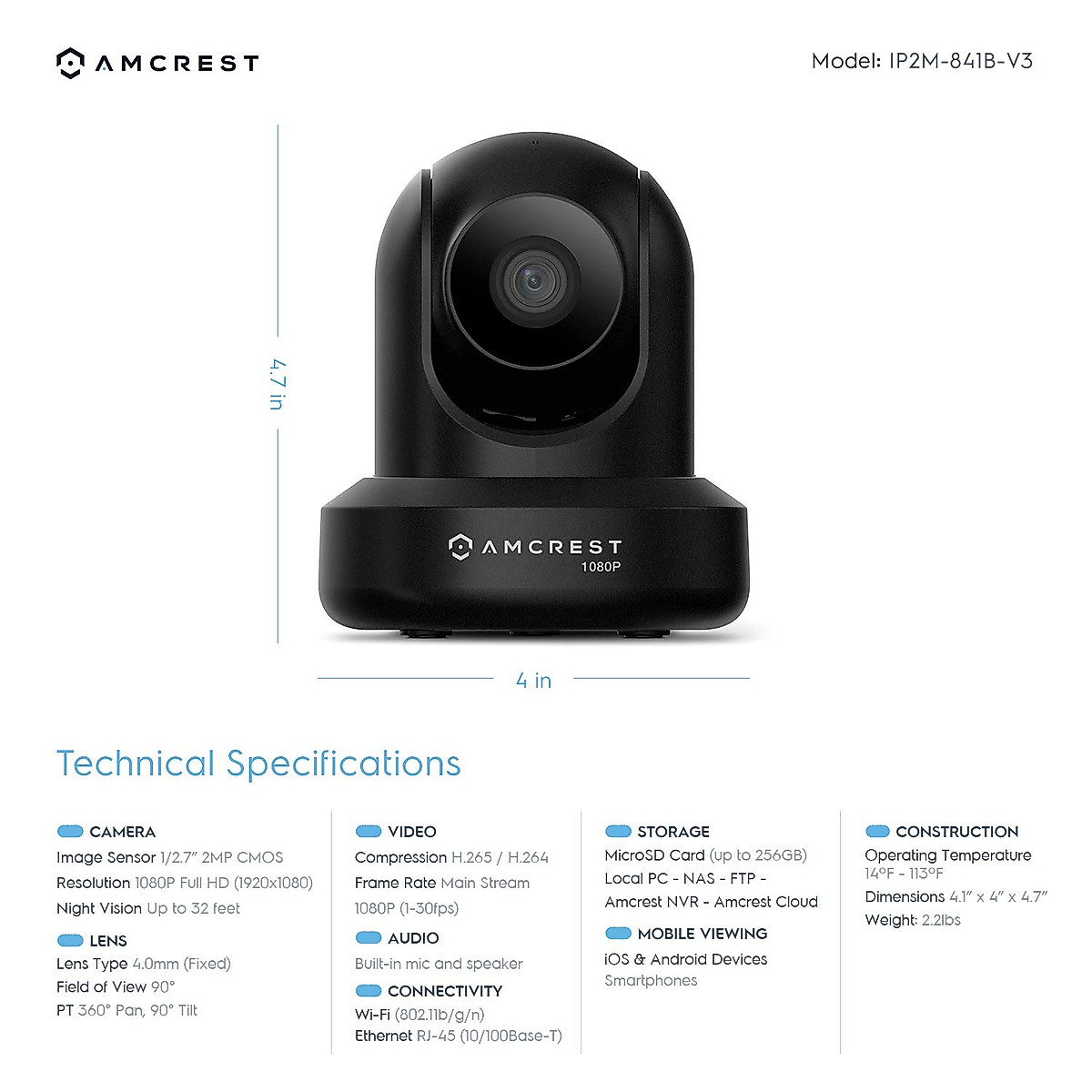 Amcrest 2-Pack 1080p WiFi Camera Indoor, 2MP Pan/Tilt Home Security Camera, Auto-Tracking, Motion & Audio Detection, Enhanced Browser Compatibility, H.265, Two-Way Talk 2PACK-IP2M-841B-V3 (Black)