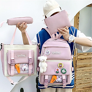 Aiyify 4Pcs Kawaii Backpack Cute Backpack for School Aesthetic Backpack Kawaii School Supplies Backpack Set with Accessories (Pink-A)…
