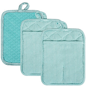 Pot Holders Yarn-Dyed Set of 3 Non Slip Silicone Kitchen Lines Heat Resistant 500℉ Kitchen Gloves BBQ Cooking Baking Cooking Barbecue Microwave Machine Washable (Light Blue Potholders)