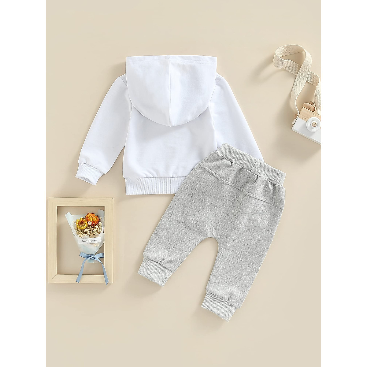 VISGOGO Infant Baby Boy Clothes Set Letter Printed Long Sleeve Hooded Pullover Tops + Elastic Drawstring Pants with Pockets (A-BUBS-White, 3-6 Months)