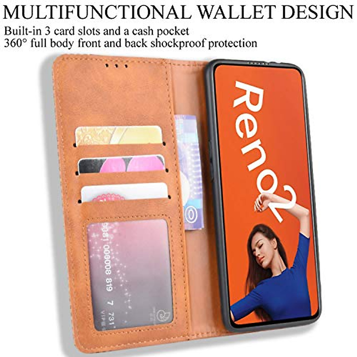 HualuBro Oppo Reno 2 Case, Oppo Reno2 Case, Retro PU Leather Full Body Shockproof Wallet Flip Case Cover with Card Slot Holder and Magnetic Closure for Oppo Reno2 / Reno 2 Phone Case (Brown)