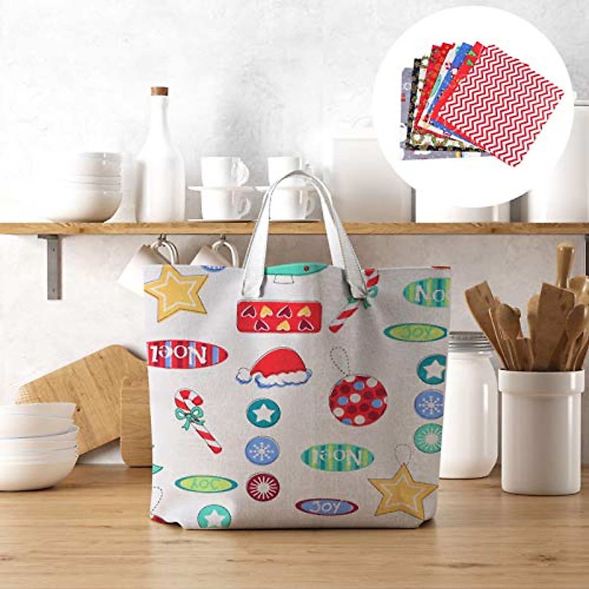 Kisangel Quilting Fabric 9pcs Christmas Cotton Fabric Bundles Square Sewing Precut Patchwork Printed Scraps for DIY Xmas Stocking Tree Wreath Doll Dress Scrapbook 25x25cm (Colorful)