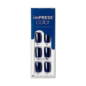 KISS imPRESS Color Press-On Nails, Nail Kit, PureFit Technology, Short Length, “Never Too Navy”, Polish-Free Solid Color Manicure, Includes Prep Pad, Mini Nail File, Cuticle Stick, and 30 Fake Nails