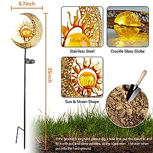 LICKLIP Garden Solar Lights Outdoor Decorative, Sun & Moon Crackle Glass Globe Metal Stake Light, Waterproof Warm White LED Light, Decorations for Pathway Lawn Patio Courtyard Backyard (1 Pack)