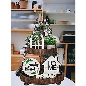 9 Pieces Farmhouse Tiered Tray Decor Set, Simply Blessed Home Wooden Sign with Mini Artificial Plant for Kitchen Decor, Rustic Table Ornaments