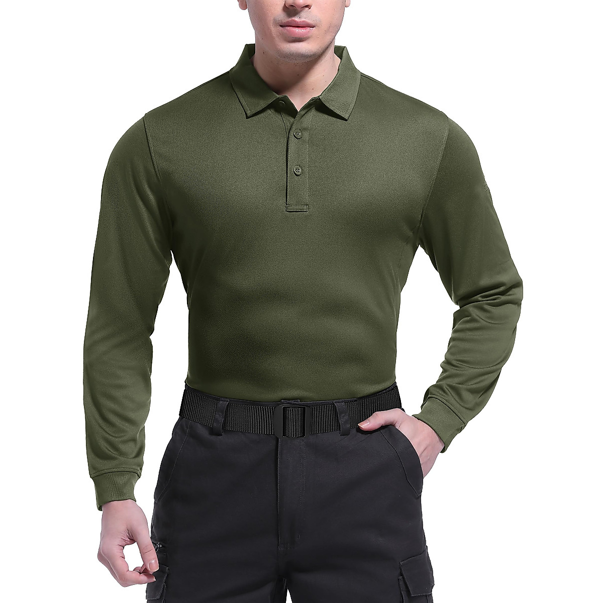 TACVASEN Long Sleeve Shirts for Men Tactical Performance Polo Shirts with Collar Quick Dry Fit Lightweight Work Shirts Workout Golf Army Green S