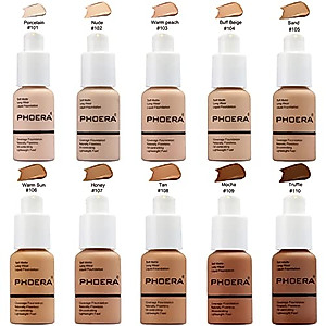 PHOERA Foundation 104 and 105 & Face Primer,Liquid Full Coverage Foundation Set,Foundation Brush Powder Brush,5 Makeup Sponge,30ml PHOERA 24HR Matte Oil Control Concealer (104 Buff Beige + 105 Sand)