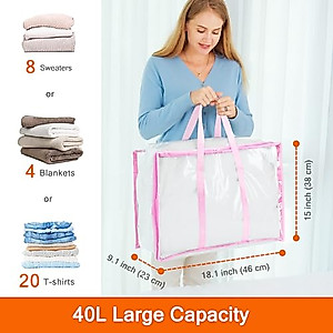Vieshful 3 Pack Clear Clothes Storage Bag, 40L Zippered Closet Organizer, Plastic Storage Containers Moving bags for Comforter, Blanket, Bedding, Duvet, Toys (Blue)