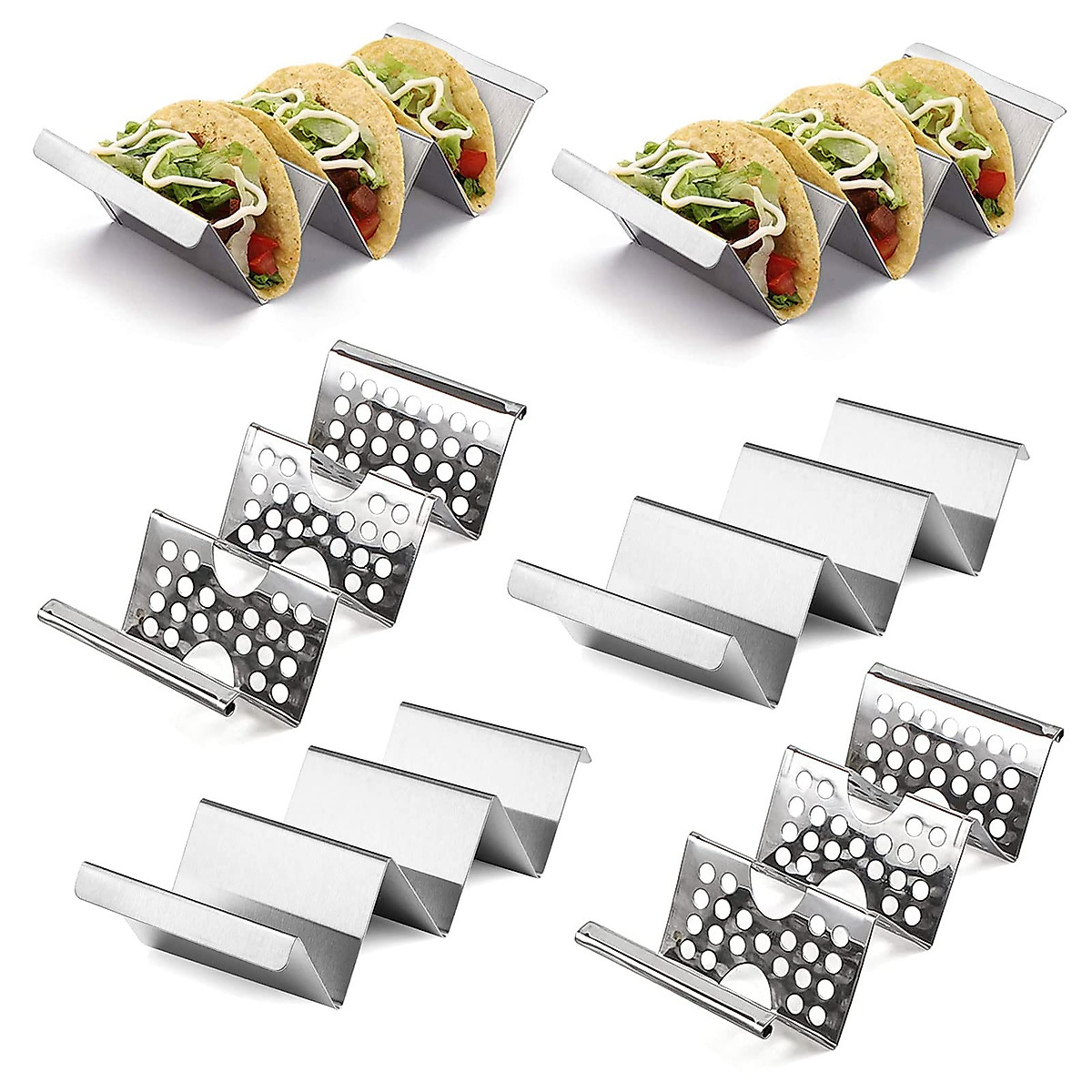 Stainless Steel Taco Holders, Premium Taco Stands, Taco Rack With Easy-Access Handle, Food Grade Taco Plate Shells Oven & Grill Safe, Hollow, Curves (Set of 4)