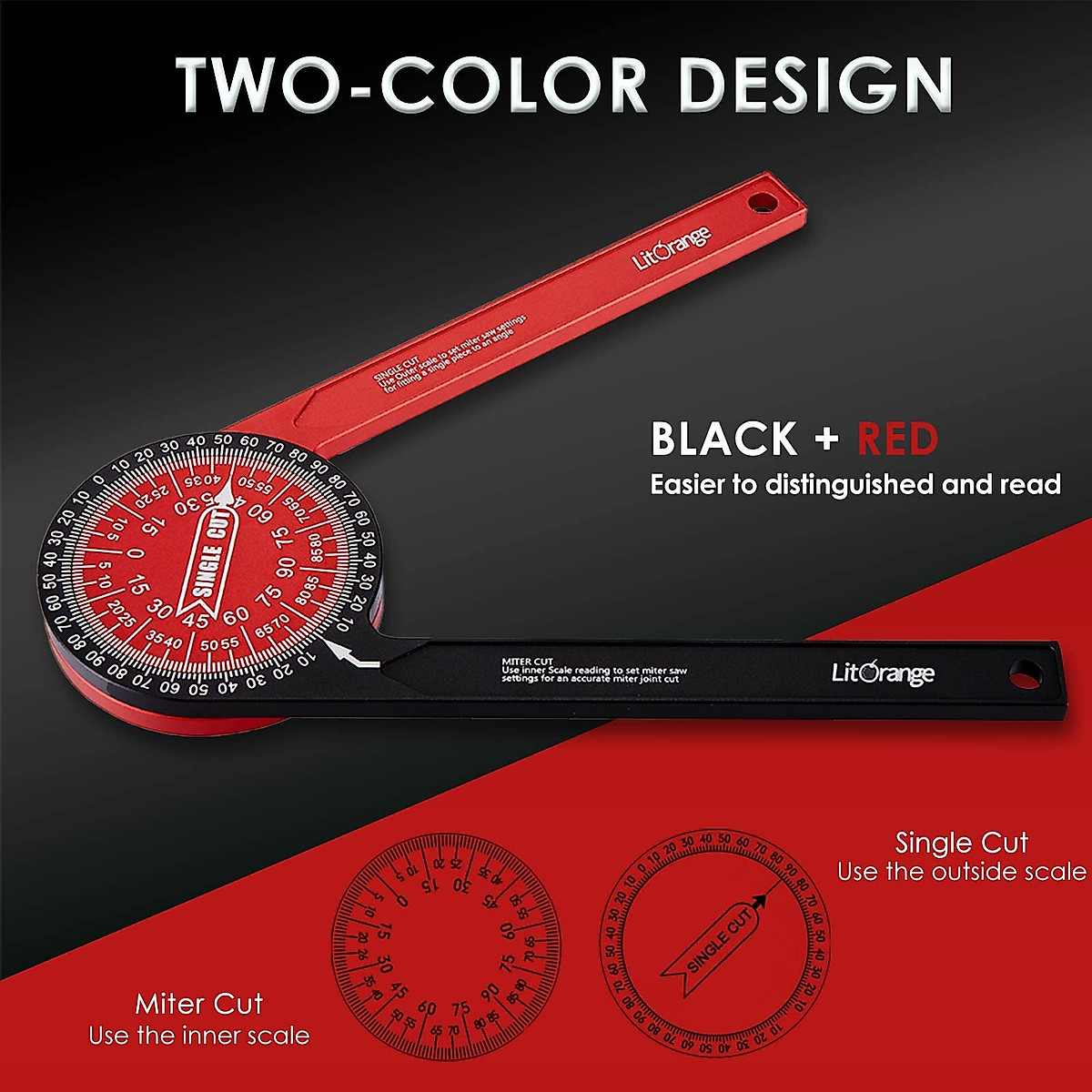 Litorange Aluminum Miter Saw Protractor Plus | 8.7-Inch Angle Finder Featuring Precision Laser Engraved Scales for Inside Outside Corner, Carpenters， Plumbers and All Building Trades, Two-color Design