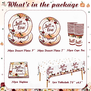 Zhynice Fall in Love Bridal Shower Decorations 121 Pcs Fall Wedding Disposable Dinnerware Autumn Floral Pumpkin Plates and Napkins Cups Tablecloth for Fall Theme Wedding Engagement Supplies 30 Guest