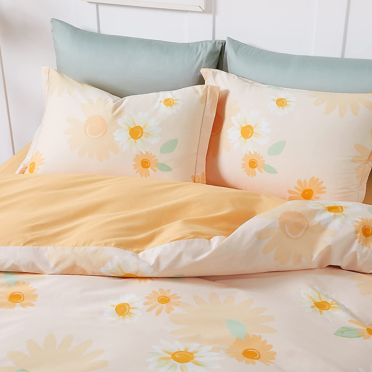 SAPHREAS King Size Duvet Cover Set with Fitted Sheet 4pcs Daisy Floral Bedding Comforter Cover Set 1 Quilt Cover 1 Fitted Sheet 2 Pillow Shams