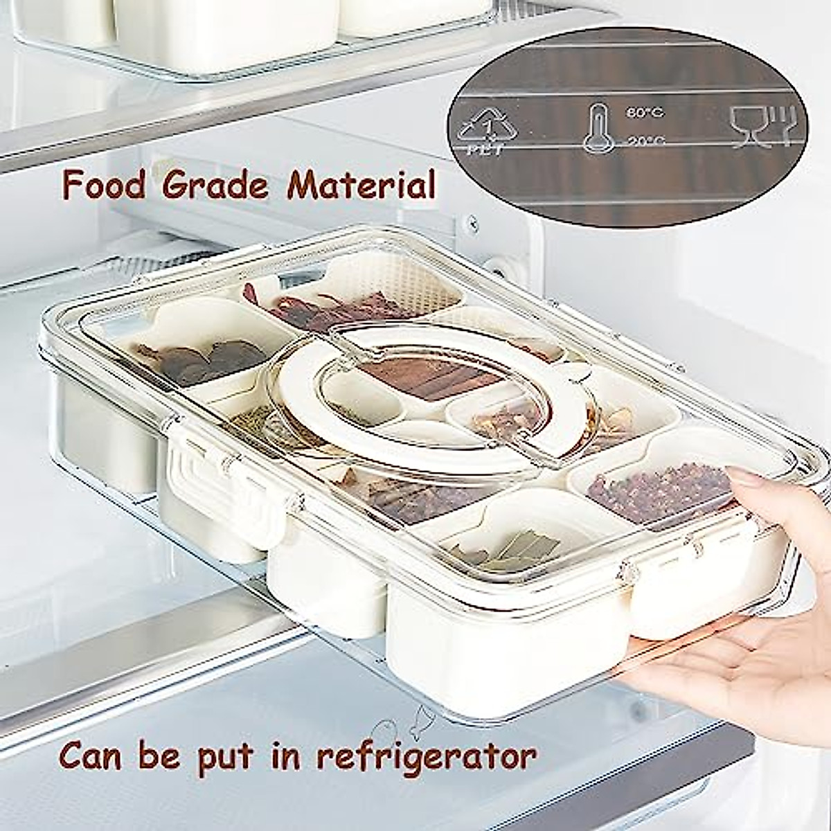 amokk Divided Serving Tray with Lid and Handle Snackle Box Charcuterie Container Portable Snack Platters Clear Organizer for Candy, Fruits, Nuts, Snacks, for Party, Entertaining, Picnic (Rectangular)