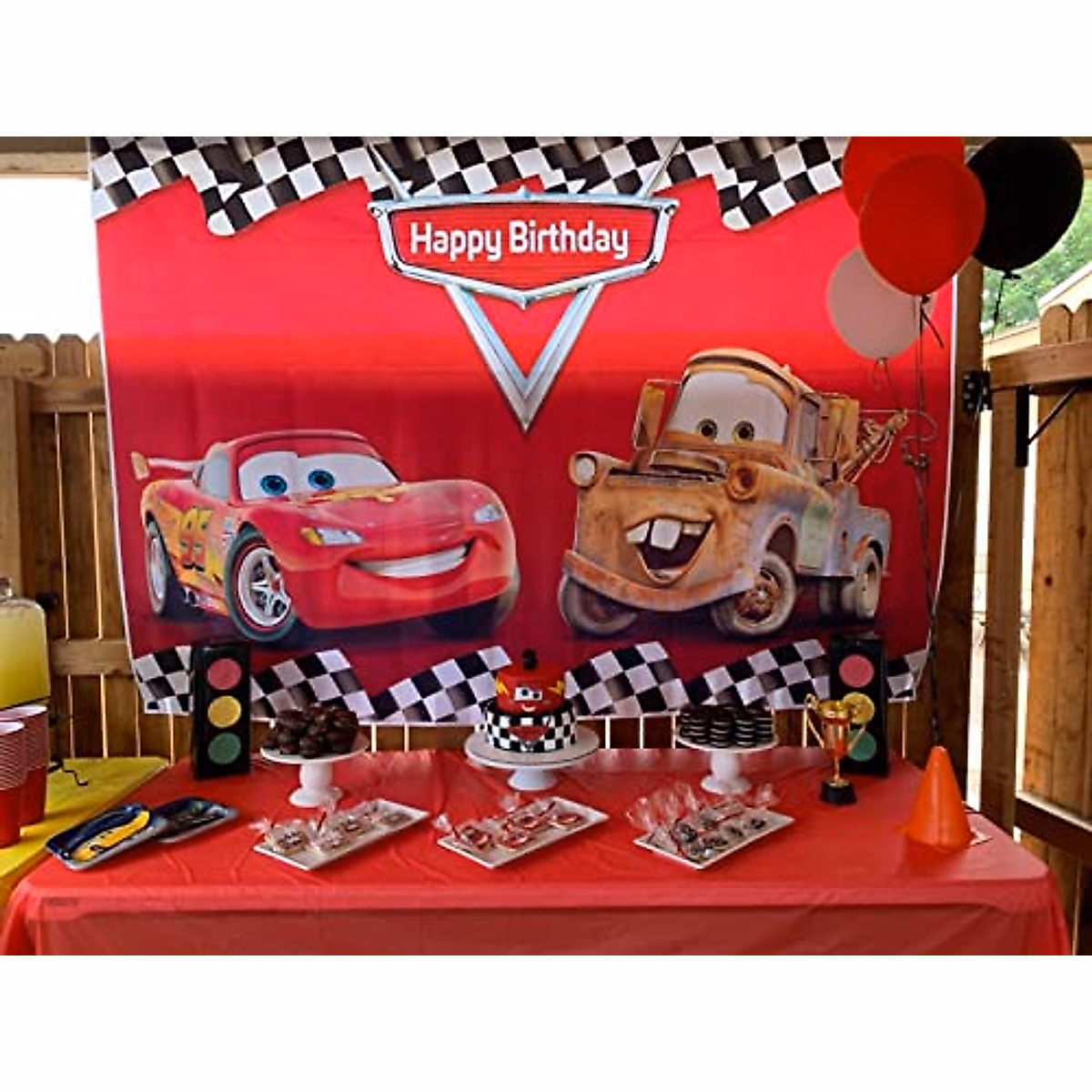 Botong 7x5ft Cartoon Car Birthday Party Themed Backdrops Car Racing Story Black White Grid Red Photo Backgrounds for Photography Birthday Party Banner