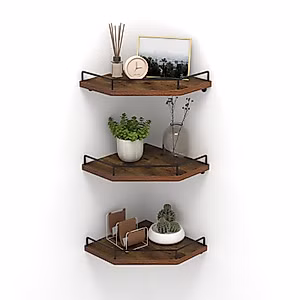 HORLIMER Floating Corner Shelf Wall Mount, 3 Pack Rustic Wood Corner Wall Shelves with Fence for Bedroom, Bathroom, Kitchen, Living Room, Brown