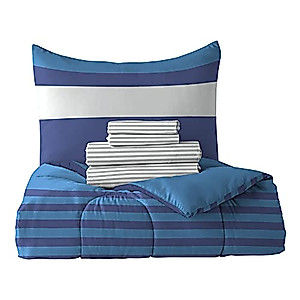 Dream Factory Kids 5-Piece Complete Bed Set Easy-Wash Super Soft Microfiber Comforter Bedding, Twin, Blue Rugby Stripe, (2D872701BL)