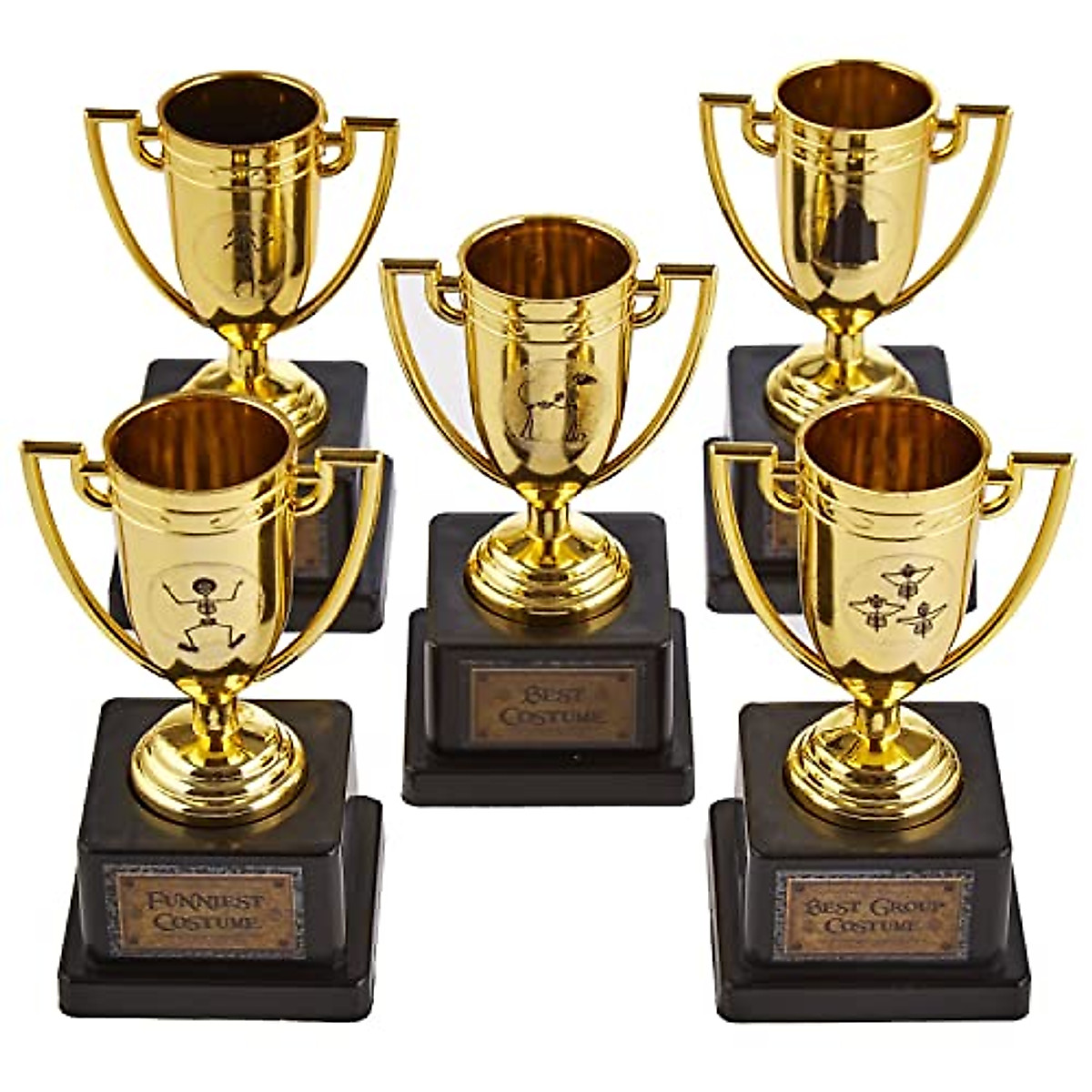 Halloween Costume Contest Trophies, 5-Pack – Customizable Party Awards with 24 Stickers with Categories & Poses - Fun Awards for Home, Work, School & Bar Costume Parties Supplies, Games & Decorations