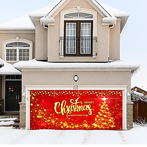 Trgowaul Christmas Garage Door Cover Banner Decoration with Light Large Red Xmas Garage Door Mural Christmas Tree Photography Background Party Supply Happy New Year Garage Door Christmas Decor7x16ft