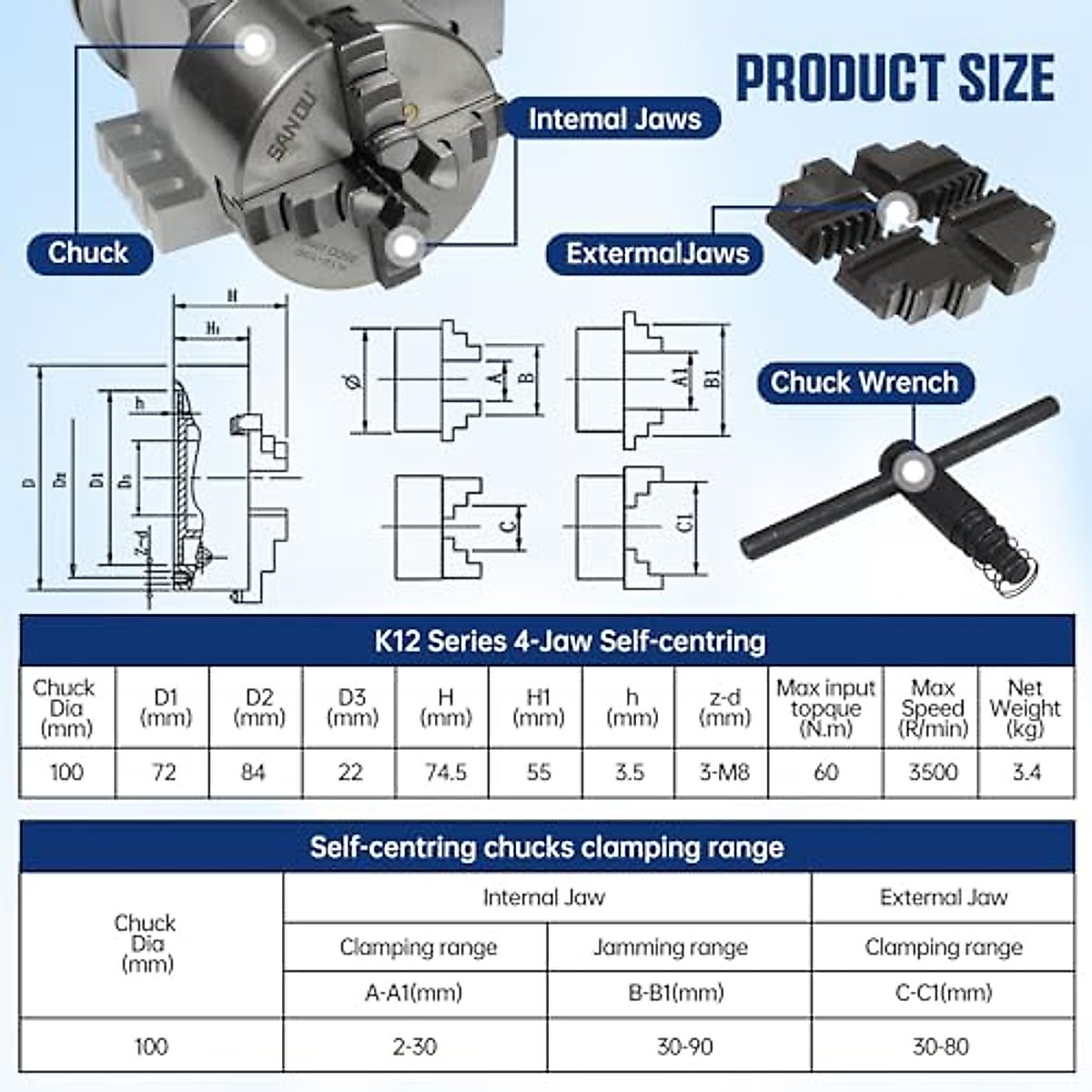 CNCTOPBAOS K12-100mm CNC Router Milling Machine Rotational Axis 4th Axis A axis Rotary Table A axis 100mm 4 jaw chuck dividing head,MT2 65mm Tailstock Reducing ratio 6:1 for CNC Engraving Machine