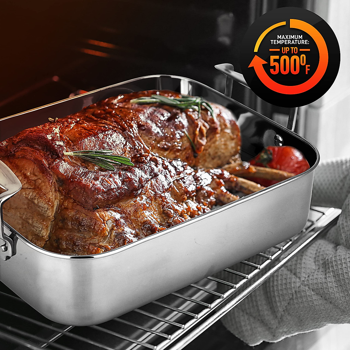 NutriChef 14-Inch Stainless Steel Kitchen Roasting Pan with Polished Wire Rack - Versatile Baking Set for Turkey, Chicken, Meats, & More - Premium & Heavy Duty Roaster for Oven w/ Built-In Handles