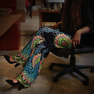 Uptown Apparel Womens Fold Over Waist Wide Leg Palazzo Pants, Good for Tall Curvy Women-Ships from U.S.A. (Small, Navy Tribal)