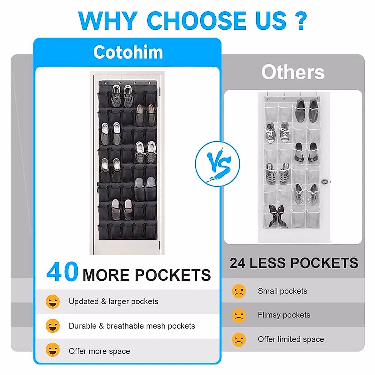 Door Shoe Organizer with 40 Large Clear Mesh Pockets, Sturdy Oxford Cloth Hanging Shoe Rack, for Entryway Bedroom Bathroom Pantry Shoe Storage