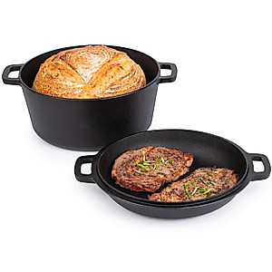 Pre-Seasoned Cast Iron Dutch Oven Casserole Pot - Cast Iron Skillet Lid – 2 in 1 Cooking Cookware Pan Set – Dutch Oven Pot with Lid – Black, 5 Quarts, 26cm – by Nuovva