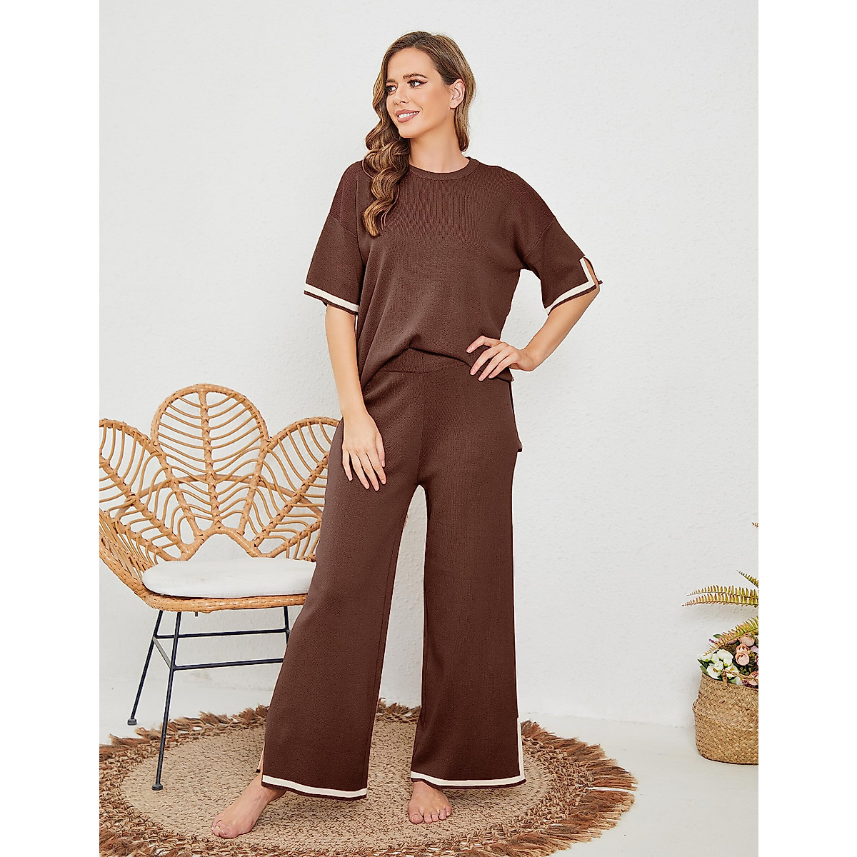 Tanming Sweater Sets Women 2 Piece Lounge Sets Short Sleeve Knit Pullover Tops Wide Leg Pants (Brown-M)