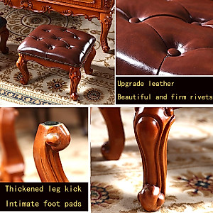 DEBJGO Foot Stools Small,Vintage Ottoman Brown Leather Foot Rest,Wooden Footrest,Upholstered Footstool for Couch/Living Room/Sofa,Cherry (12.6) (12.6)