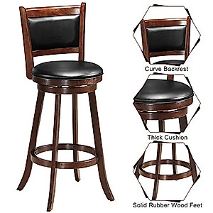 COSTWAY Bar Stools Set of 2, 360 Degree Swivel, Accent Wooden Swivel Seat Bar Height Stool, Leather Upholstered Design, PVC Cushioned Seat, Perfect for Dining and Living Room (Height 29")