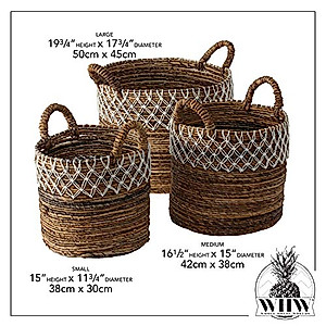 Boho Romantic Lace Baskets, Set of 3, Cotton Macrame Details, Relaxed Coastal Style, Woven Chunky Banana Leaf, Thick Handles,17.75, 15, and 11.75 D Inches