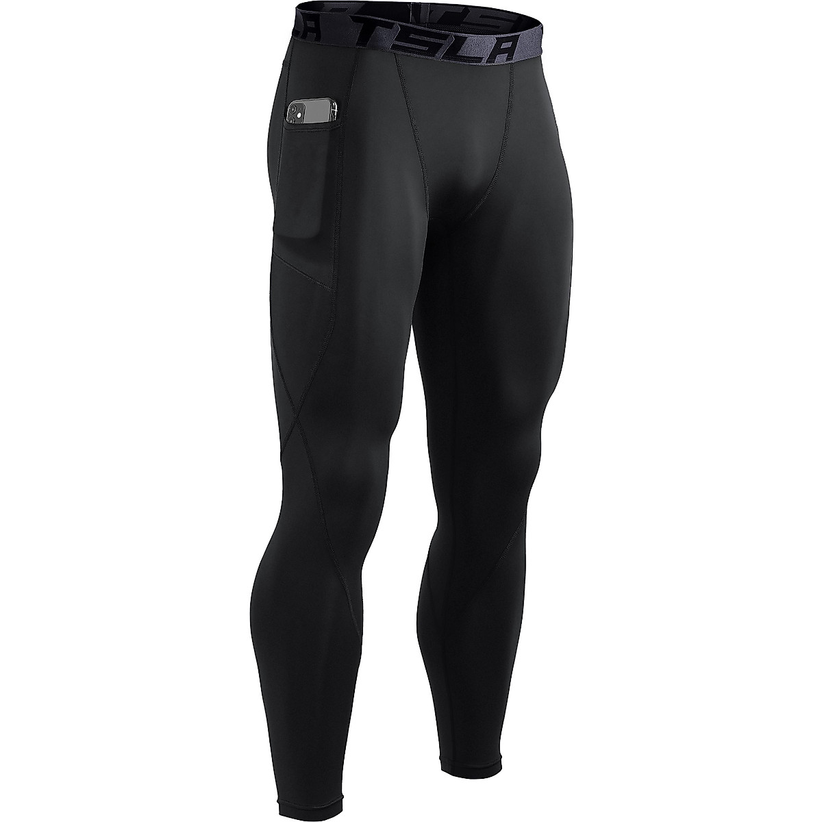 TSLA Men's Thermal Compression Pants, Athletic Sports Leggings & Running Tights, Wintergear Base Layer Bottoms, Pocket Black, Large