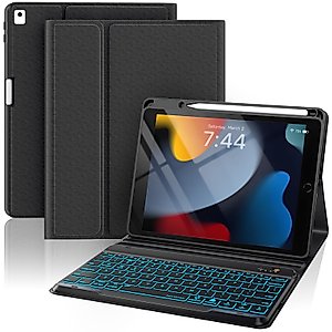 OPAKIT Keyboard Case for iPad 9th Generation-10.2 inch - 7 Colors Backlit Wireless Detachable Folio Keyboard Cover with Upper Pencil Holder for iPad 8th/7th Gen/iPad Pro 10.5"/iPad Air 3rd Gen - Black