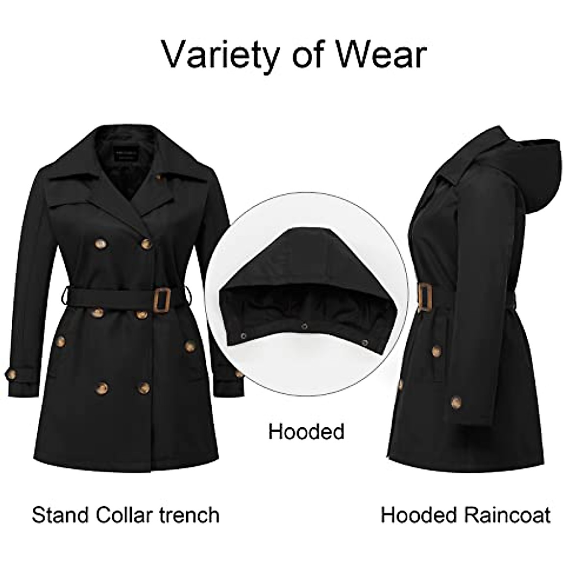 CREATMO US Plus Size Trench Coats for Women Coat Long Mid Length Relaxed-Fit Water-Resistant Black 4X