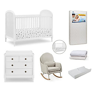 Delta Children Madeline Crib 8-Piece Baby Nursery Furniture Set–Includes: Convertible Crib, Glider, Dresser, Changing Top, Crib Mattress, Sheets, Toddler Guardrail & Changing Pad, Bianca White