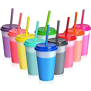 Plastic Kids Cups with Lids and Straws - 10 Pack 12 oz Reusable Tumbler with Straw | Color Changing Cup with Lid Adults Bulk Travel Tumblers Drinking Cups for Cold Coffee