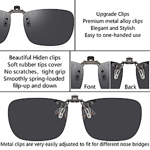 CAXMAN Polarized Clip On Sunglasses Over Prescription Glasses or Reading Glasses for Men Women Flip Up Rimless Rectangle Lens Cover Eyeglasses, Grey Lens, 60 * 42mm