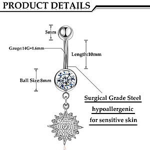 8 Pieces 14G Belly Button Rings Steel Long Dangle Navel Ring CZ Body Piercing Jewelry (Silver)