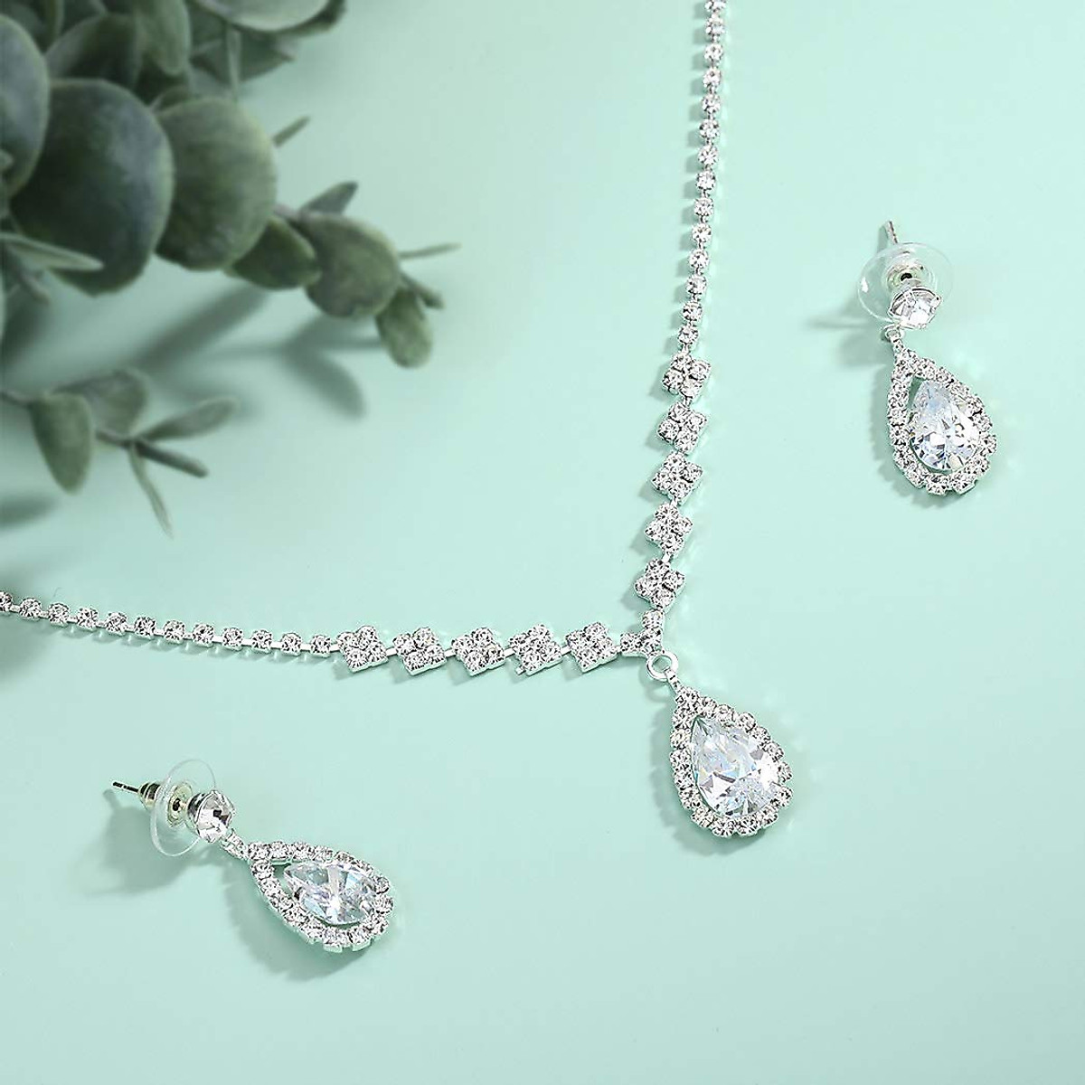 Aukmla Bride Wedding Necklace Earrings Set Silver Rhinestones Necklaces Bridal Crystal Jewelry Accessories for Women (Set of 3)