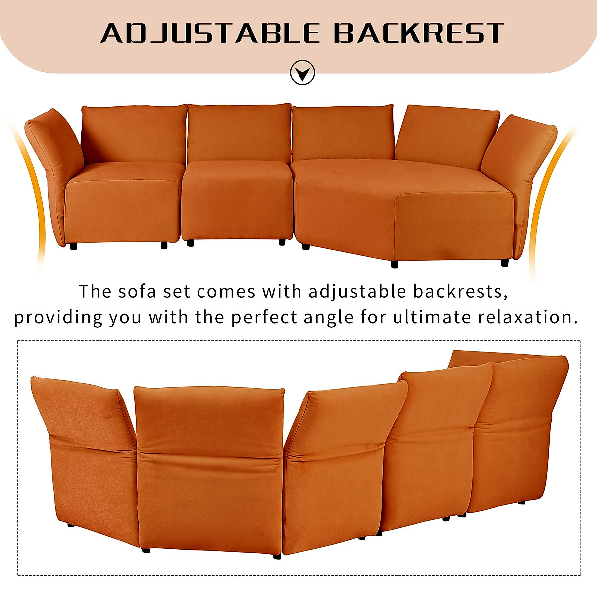 Verfur 106.3" Free Combination Curved Adjustable Backrest, 4-Seater Modular Sectional, Confy Upholstery Convertible Corner Sofa & Couches for Living Room, Office, Apartment, Orange