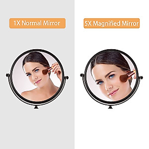 KAIIY Wall Mounted Makeup Mirror - 5X Magnification 8'' Two-Sided Swivel Extendable Bathroom Hotel Cosmetic Mirror Matte Black