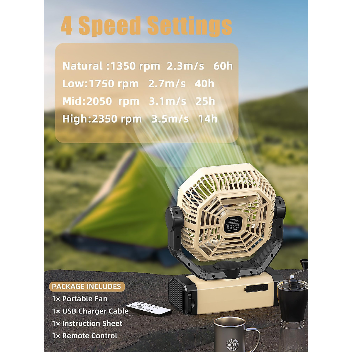 Camping Fan Rechargeable - 9-Inch Battery Powered Fan, 20000mAh(60Hrs) Battery Operated Fan for Camping, Auto Oscillation Cordless Fan, Tent Fan with Remote/Light, 4 Speeds, 4 Timing, Outdoor