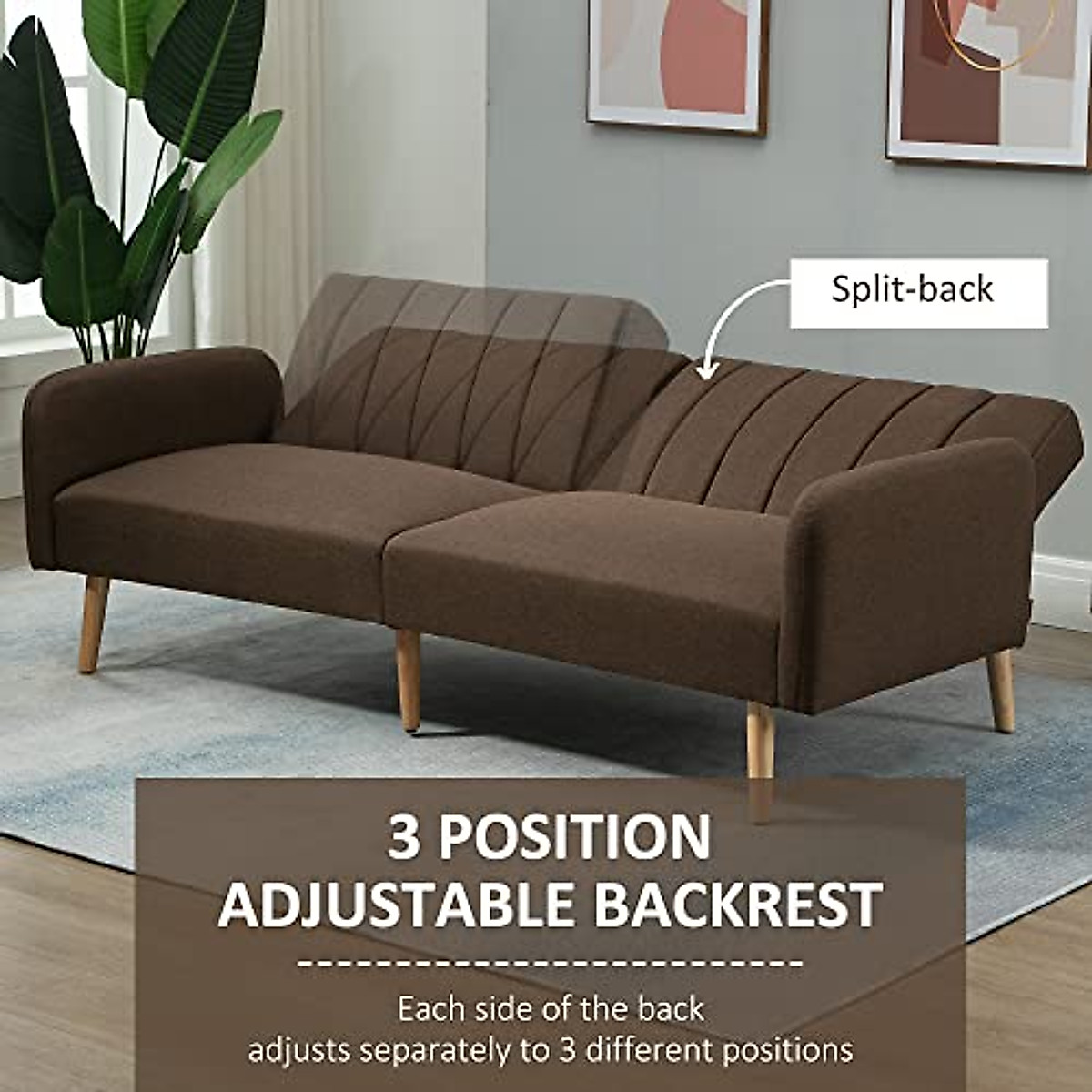 HOMCOM Two Seater Sofa Bed, Convertible Futon Couch Bed, Linen Upholstered Loveseat with Adjustable Backrest for Small Spaces, Living Room, Apartment, and Dorm, Brown