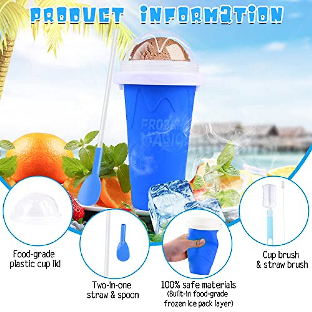 DIY Slushy Maker Cup Double Layers Silica Cup, Smoothie Pinch Ice Cup, Frozen Magic Squeeze Cup, Cooling Maker Cup,Freeze Mug Milkshake Tools,Portable Squeeze Icy Cup (Blue)