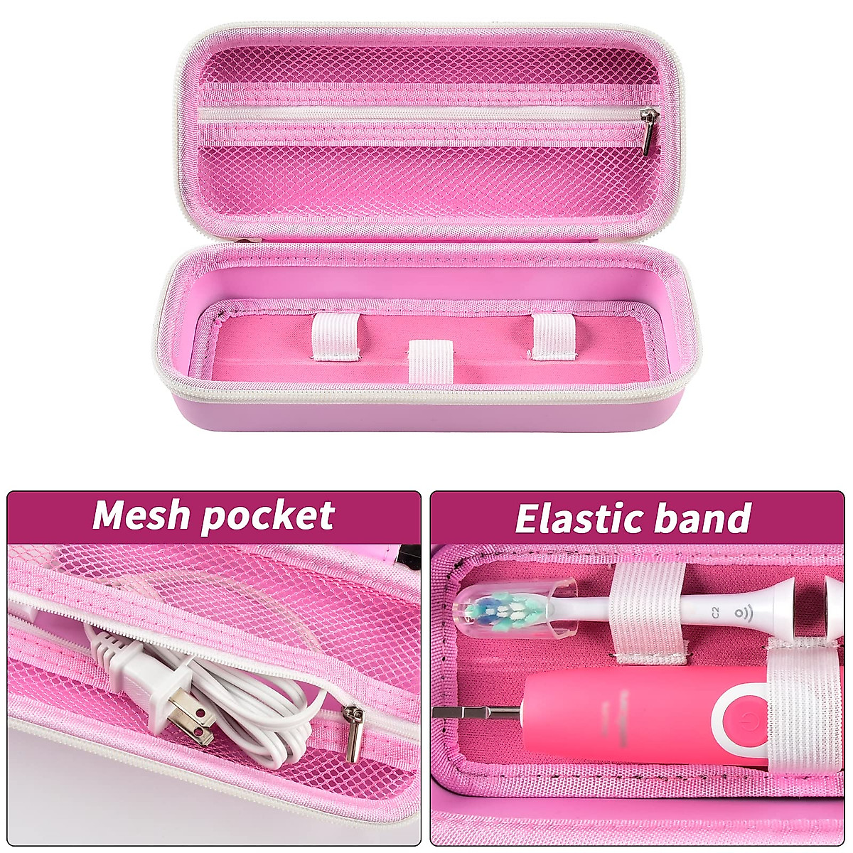 Toothbrush Travel Case Compatible with Oral-B Pro 1000, 2000, 3000, 3500, 1500/ for Philips Sonicare ProtectiveClean 4100 5100 Electric Toothbrush with Mesh Pocket for Accessories - Pink (Bag Only)