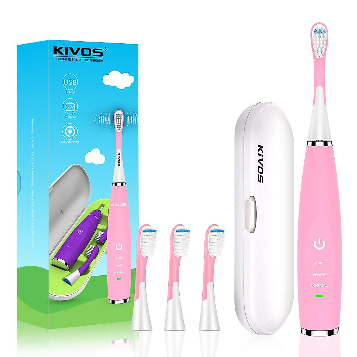 KIVOS 4 Replacement Heads and 1 Case, Children Electric Toothbrush Ultrasonic Kids Sonic Powered Brush, 30 Days, IPX6 Waterproof,Travel Container (Pink)
